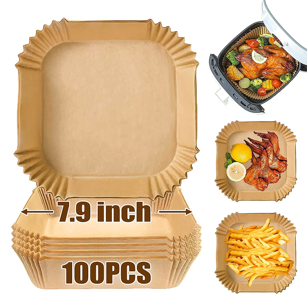 Air Fryer Disposable Paper Liner Square, 7.9 Inch Air Fryer Paper Liner 100PCS, Air Fryer Parchment Paper Liners Non-stick, Oil-proof, Water-proof for Baking Roasting Microwave …