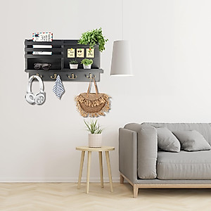 Key Holder Wall Mount, Solid Wood Key and Mail Organizer for Wall(Self Adhesive or Drill), 8 Hooks Key Rack for Entryway Hallway Bedroom Farmhouse Home Decor (Matte Black)