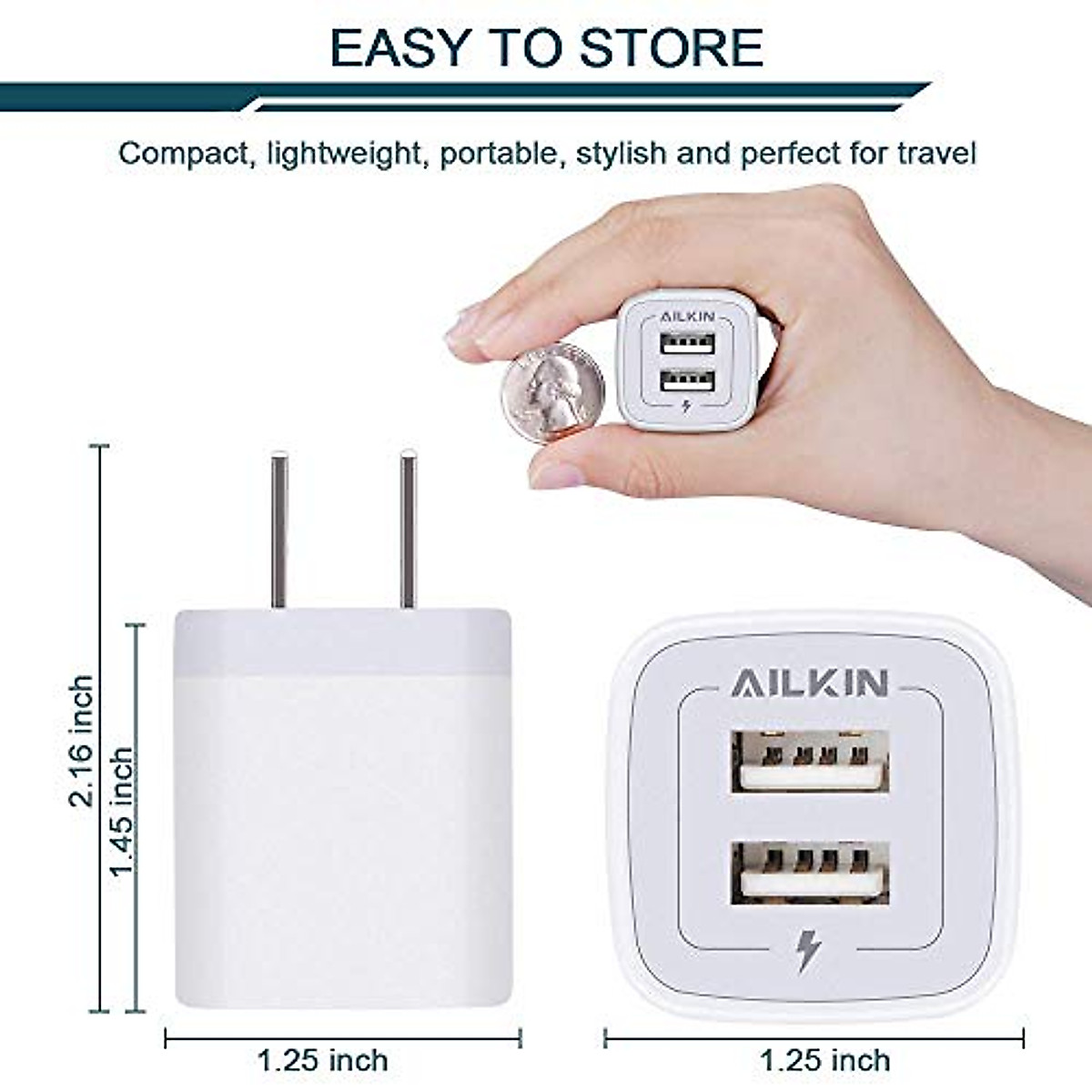 USB Wall Charger, AILKIN 2-Pack 2.1Amp Dual Port Quick Charger Plug Cube&2-Pack 3.4a Dual Port USB Fast Car Charger