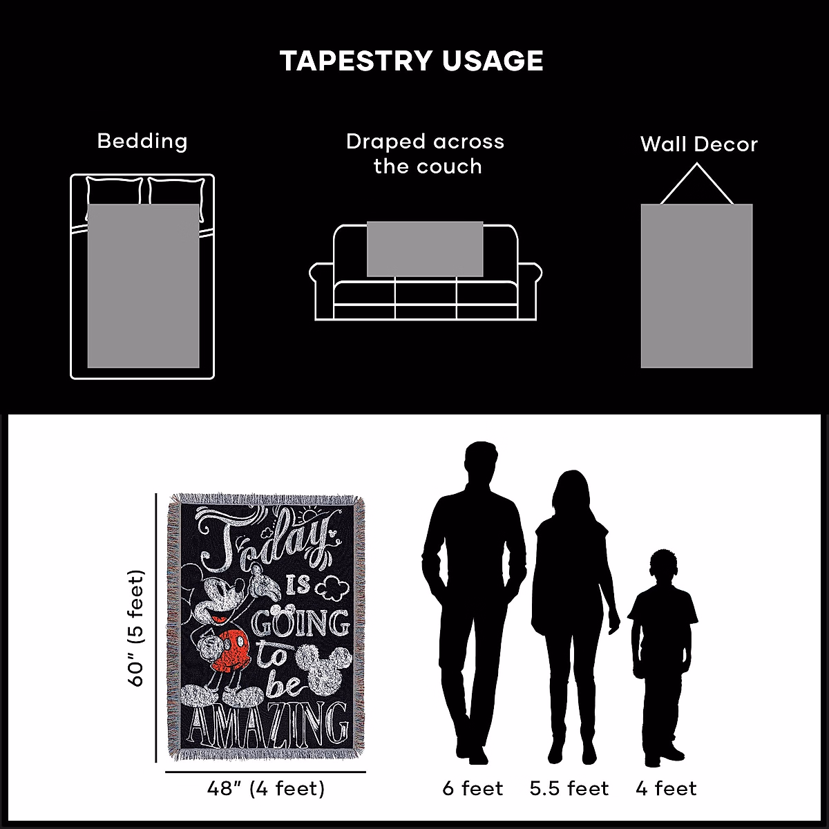 Disney's Mickey Mouse, "Amazing Day" Woven Tapestry Throw Blanket, 48" x 60", Multi Color