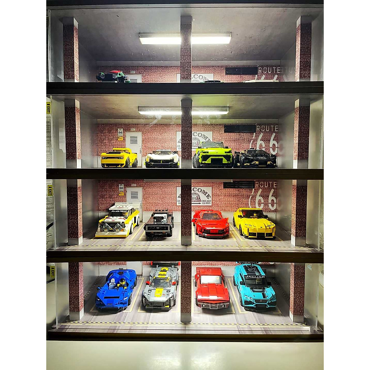 Otypus 1/24 Scale Model Car Display Case with Light, 1 24 Diecast Cars Storage Cases in Parking Lot Scene, Acrylic Toy Garage for Alloy Car Models (Red Brick-8 Parking Place)
