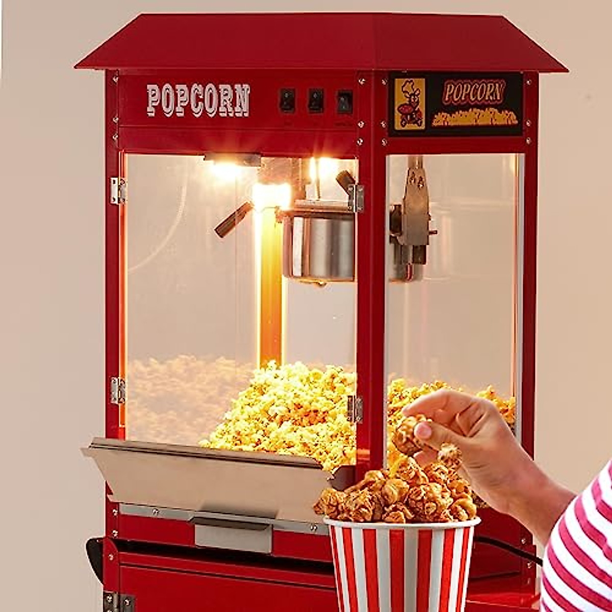 Aibudy Popcorn Popper with Cart and Stand,Theater Commercial Vintage Popcorn Maker with 8 Oz. Stainless Steel Kettle and Storage Included, Red