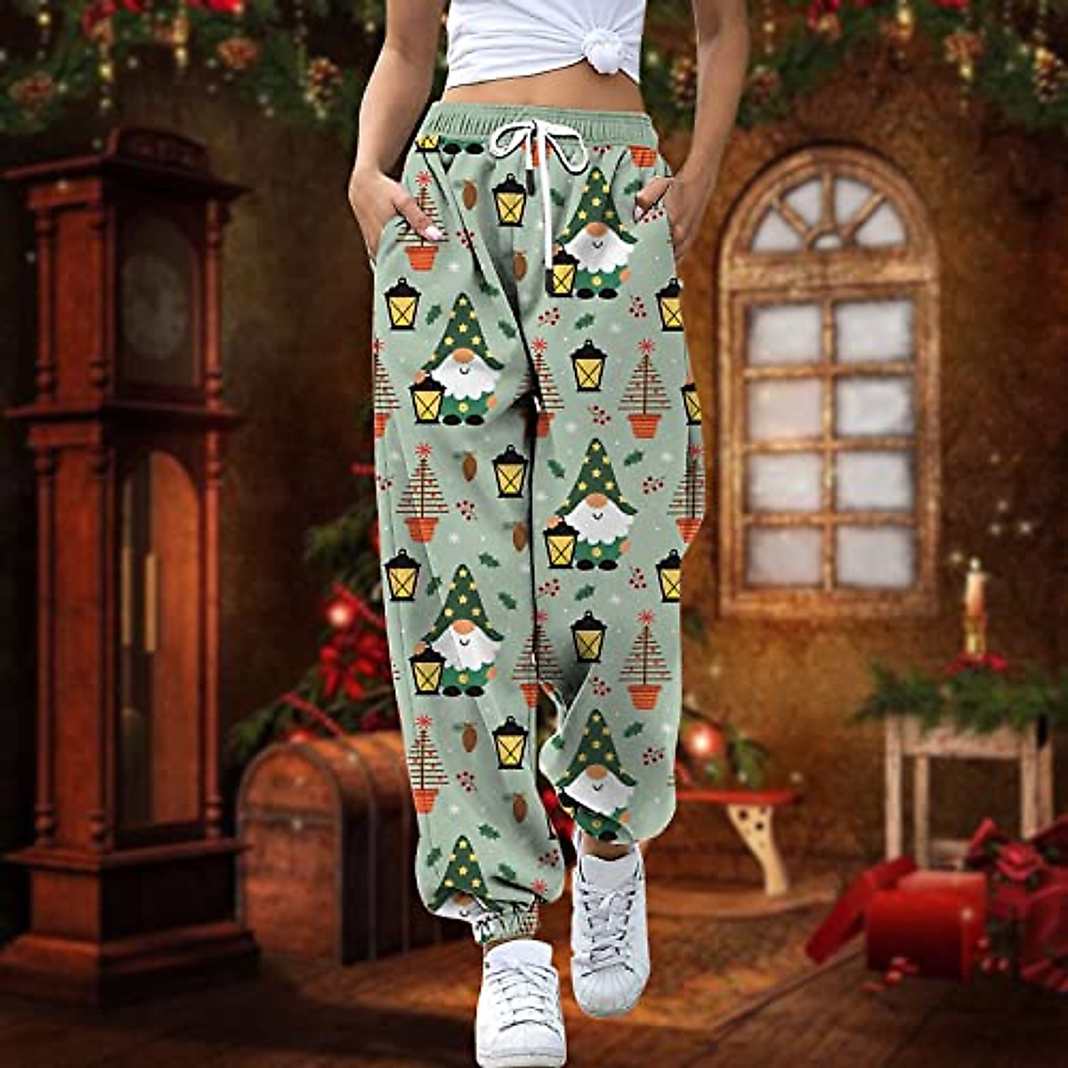 Plus Size Sweatpants,High Waisted Sweatpants for Women Christmas Gnome Print Elastic Waisted Baggy Sweatpants Drawstring Wide Leg Lounge Bottoms Red Wine Glass Print Green XL
