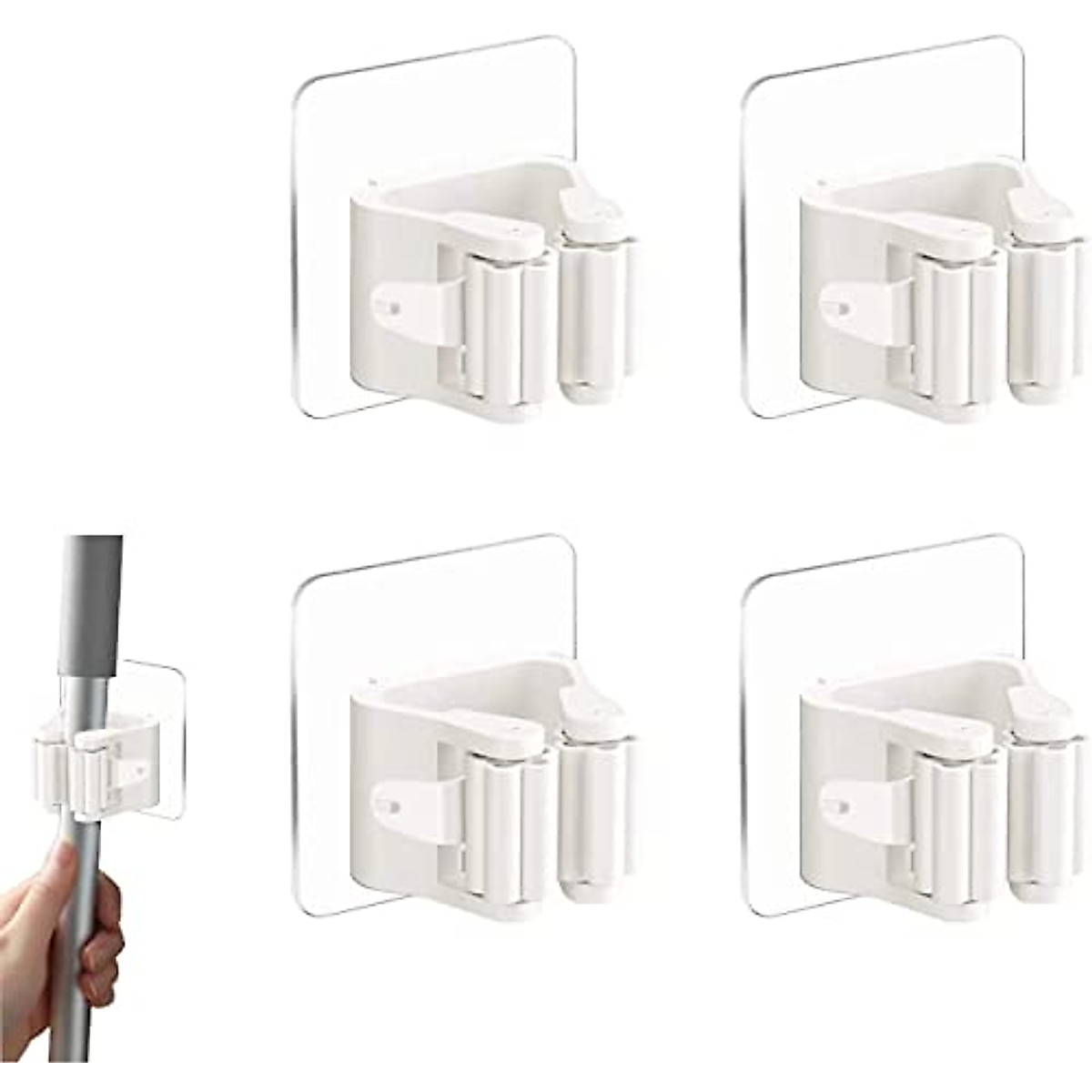 Broom Mop Holder Wall Mounted Garage Organization Tool 4Pcs Broom Gripper Holds Self Adhesive Reusable Super Anti-Slip Mop holder Organizer No Drill Install Easily Storage for Bathroom Kitchen Garden
