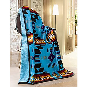 Nu Trendz Signature Southwest Design (Navajo Print) Sherpa Lined Throw 16112 Turquoise Blue
