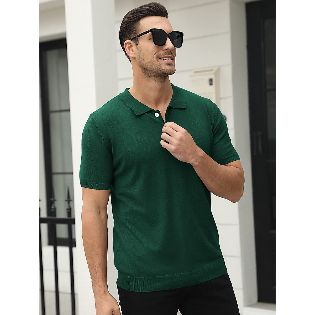 Syktkmx Mens Golf Polo Shirts Short Sleeve Casual Banded Bottom Stretch Classic Fit Solid Knit T-Shirts Olive Green