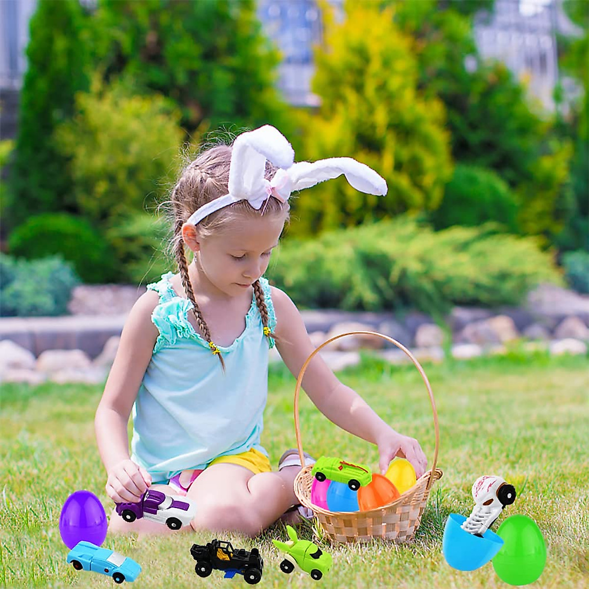 12 Packs Easter Eggs Filled with Deformation Cars Toys, 2.8" Plastic Surprise Eggs Prefilled with Transform Car Robot Toys for Kids Easter Egg Hunt, Easter Basket Filler, Easter Party Favor Event