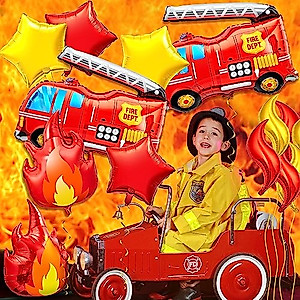 Glimin 18 Pcs Fire Truck Balloons Set 4 Aluminum Foil Flame Balloon, 2 Fire Truck Firefighter Balloon, 6 Fire Balloons, 6 Star Balloons for Rescue Themed Decoration Firefighter Birthday Party Supplies