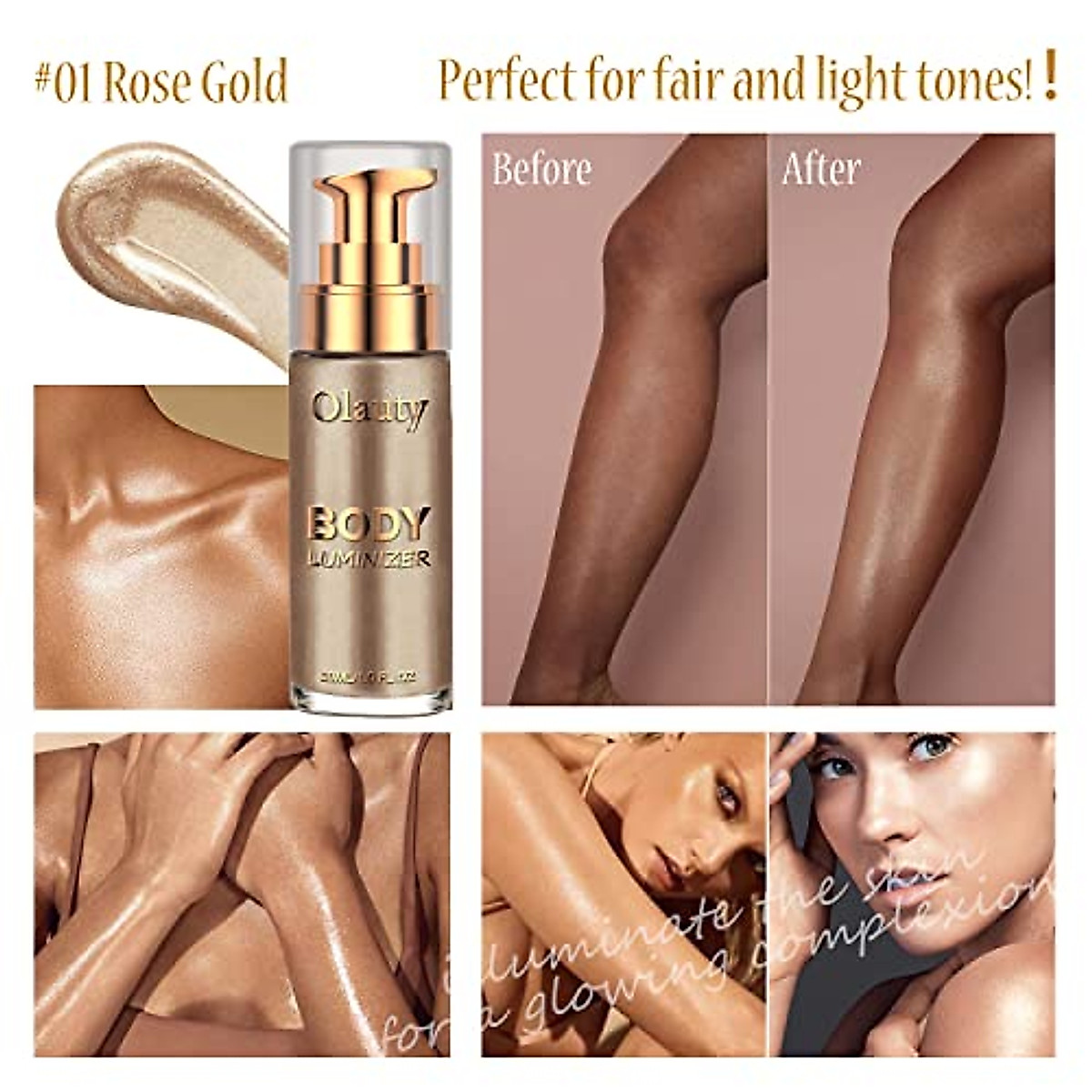 Liquid Illuminator, Firstfly Body Highlighter Makeup Smooth Shimmer Glow Liquid Foundation for Face & Body（#01 Rose Gold）