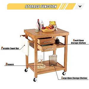 EROMMY Rolling Bamboo Wood Kitchen Island Cart, Multi-Purpose Kitchen Trolley Cart on Wheels, Rolling Kitchen Cart with Drawers, Open Storage Shelves, Towel Rack, Locking Casters