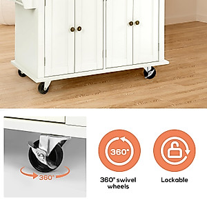TUSY 43" Kitchen Island with Storage, Rolling Kitchen Cart with Lockable Wheels, Solid Wood Tabletop Kitchen Island Table for Kitchen, Living Room, White