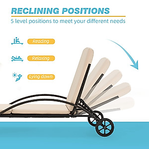 HOMREST Outdoor Chaise Lounge Chair Set of 2, Patio Loungers with Mobility Wheels and Detachable Cushion, Wicker Lounge Chairs for Outside, Patio, Porch, Backyard (Khaki)