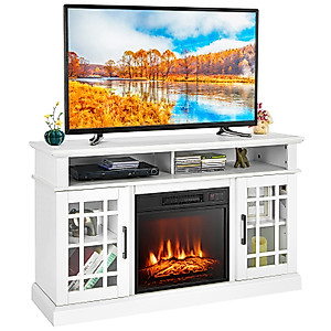 Tangkula Electric Fireplace TV Stand for TVs Up to 50 Inch, Fireplace Entertainment Center with Two Side Cabinets & Adjustable Shelves, Electric Heater with Overheat Protection, Remote Control (White)
