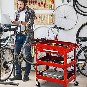 Goplus 3 Tier Rolling Tool Cart, 330 LBS Capacity Heavy Duty Utility Cart Tool Organizer with Storage Drawer, Industrial Commercial Service Tool Cart for Mechanics, Garage, Warehouse & Repair Shop