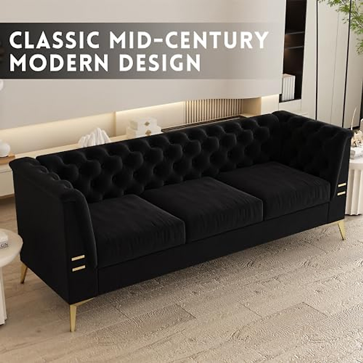 LaiBiKe Mid Century Velvet Couches 83" 2 Seater Living Room Sofa Comfortable Black Couch Solid Wood Frame Metal Legs for Guest Room Playroom Bedroom(03-Black-83)