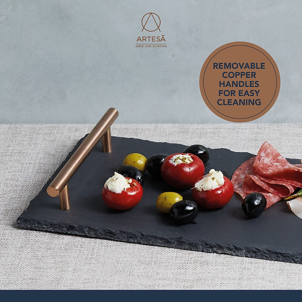 Artesa ARTPLATTERCOP KitchenCraft Slate Serving Tray/Platter with Copper Finish Handles, 60 x 15 cm