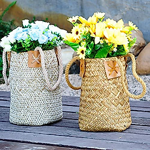 HANABASS Hanging Planters Hanging Flower Pot Multifunction Handmade Seagrass Braided Basket Flower Pot Desktop Storage Box Woven Laundry Basket(White Big) Hanging Indoor Planters Indoor Planter