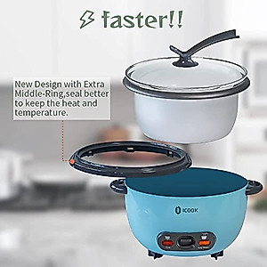 ICOOK Blue Rice Cooker 1L Grains,Oatmeal,Cereals Cooker,Rice Warmer Steamer,Small Mini Rice Cooker Removable Nonstick Pot,Full View Glass Lid,Stand Plastic Knob