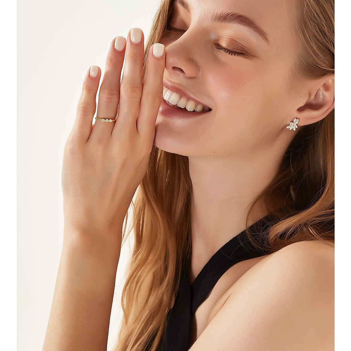 TIGRADE 1.5mm Eternity Ring 14k Gold Plated Three Cubic Zirconia Minimalist Engagement Ring Petite Round CZ Stacking Promise Ring for Women Size 3-11, Gold, Size 4.5