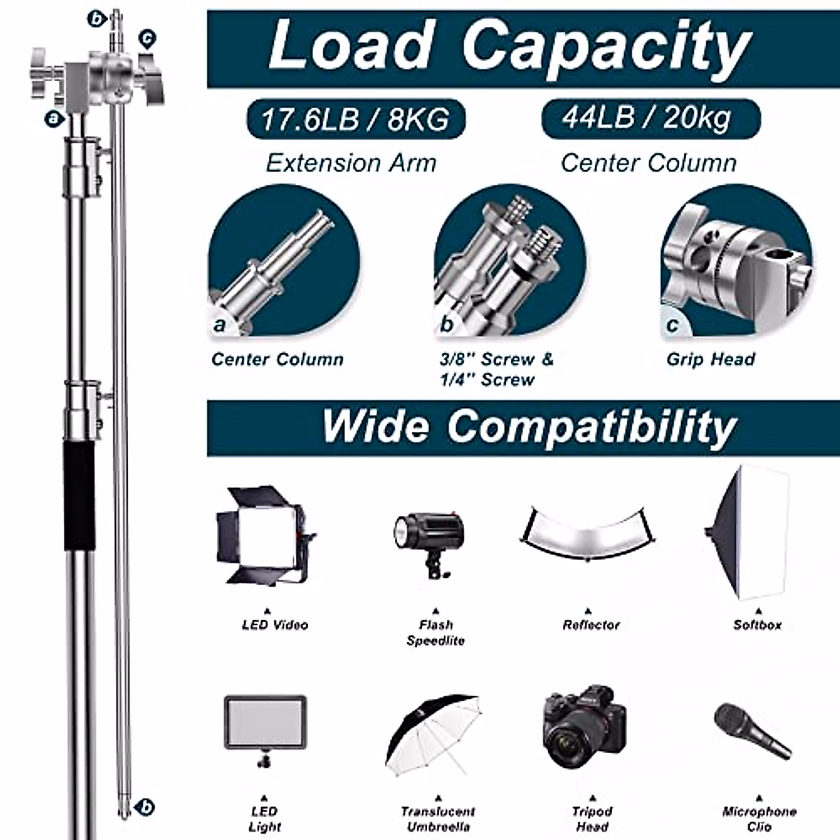 Altson Pro 100% Stainless Steel Heavy Duty C Stand with Boom Arm, Max Height 10.5ft/320cm Photography Light Stand with 4.2ft/128cm Holding Arm, 2 Grip Head for Studio Monolight, Softbox, Reflector