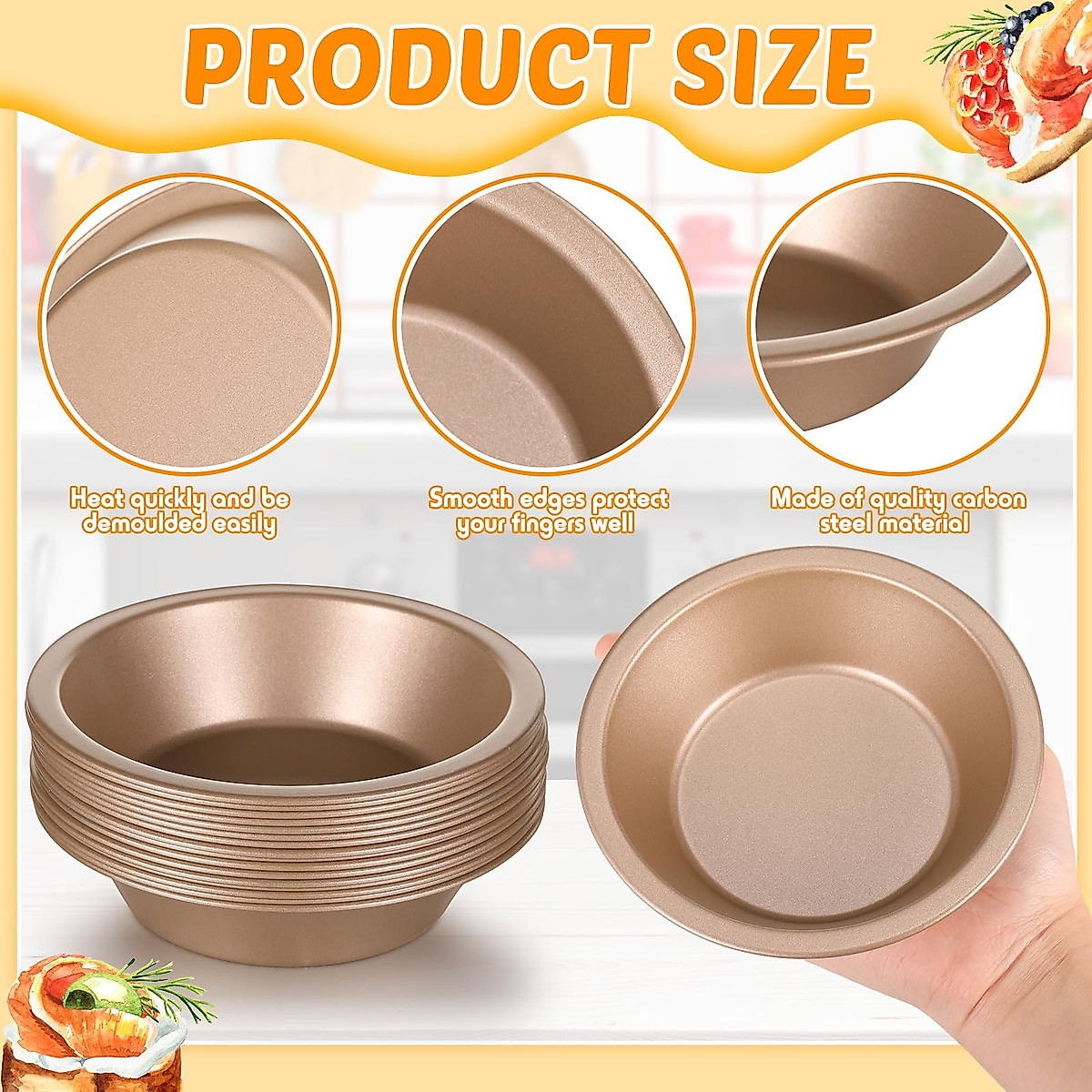 16 Pcs 4 Inch Mini Pie Pan Pie Tins Round Mini Tart Pans for Baking Carbon Steel Mini Pizza Pan Nonstick Pie Plate for Baking Small Bakeware Set for Oven Air Fryer Cake Bread Meat (Champagne)