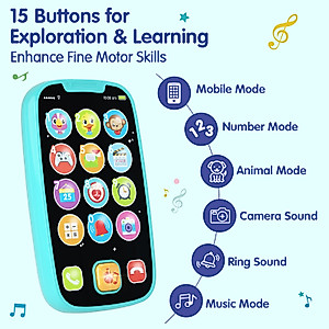 Toys for 1 Year Old Boy Toys, 15 Functions Phone Baby Toys 6-12 Months, Baby Cell Phone Toy 12-18 Months, Learning Toys for Toddlers 1-3, Easter Basket Stuffers - Cyan