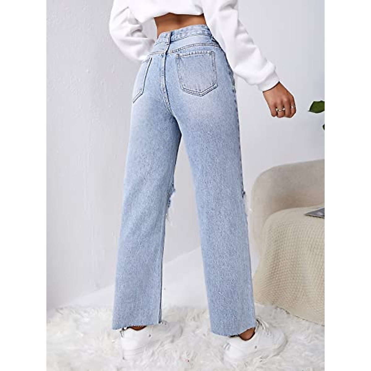SweatyRocks Women's High Waist Ripped Distressed Cropped Jeans Straight Leg Denim Pants Light Wash L