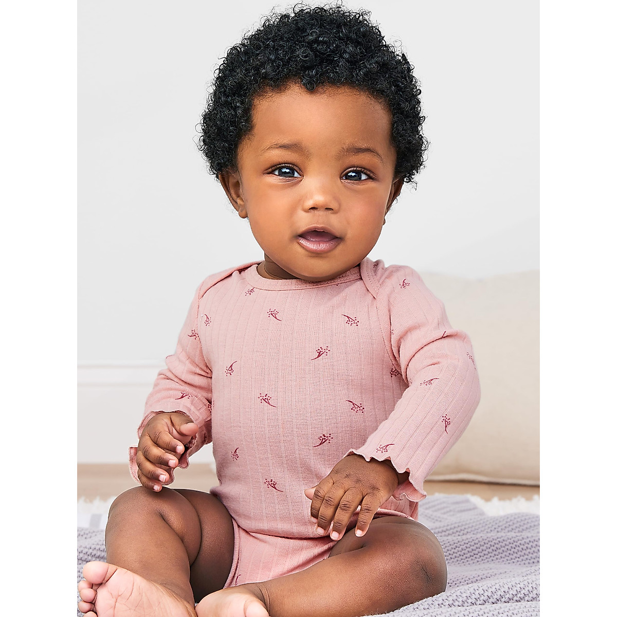 Simple Joys By Carter's Unisex Baby 4-pack Long-sleeve Pointelle Bodysuits Bodystocking, Dusty Pink/Grey/Light Burgundy/White Floral, 3-6 Months US