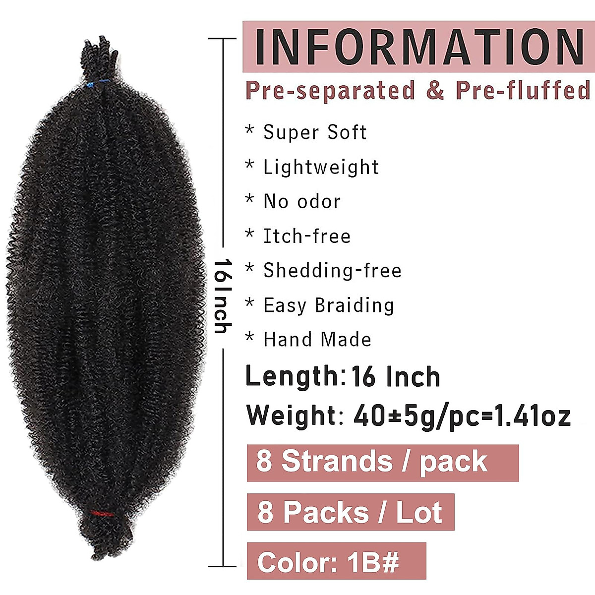 16 Inch Pre-Separated Springy Afro Twist Hair 8 Packs Spring Twist Hair For Distressed Soft Locs Natural Black Marley Twist Crochet Braiding Hair Synthetic Hair Extensions (8 Strands/Pack,1B#)
