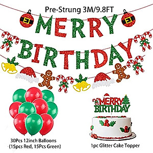 Christmas Birthday Decoration Set,Glitter Merry Birthday Banner,Santa Tree Merry Birthday Cake Topper and 30pcs Christmas Balloons for Christmas Birthday Party,Winter Holiday Baby Shower Birthday Party Decor