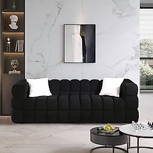 84.3" 3 Seater Modern Sofa Couch, Comfy Upholstered Living Room Sofa with 2 Pillows, Comfy Boucle Sofa with Solid Metal Legs, Contemporary Furniture Tufted Cloud Couch for Waiting Room, Office, Black