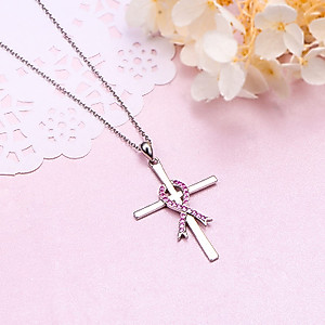 JZMSJF S925 Sterling Silver Faith Pink Ribbon Cross Pendant Necklace Breast Cancer Awareness Jewelry Gifts for Women