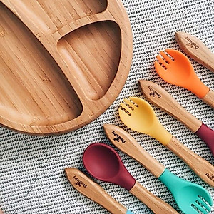 Avanchy Baby Fork Set, Bamboo and Silicone Spork Utensils, Toddler Baby Led Weaning Silverware Cutlery Flatware, Kids First Self Feeding