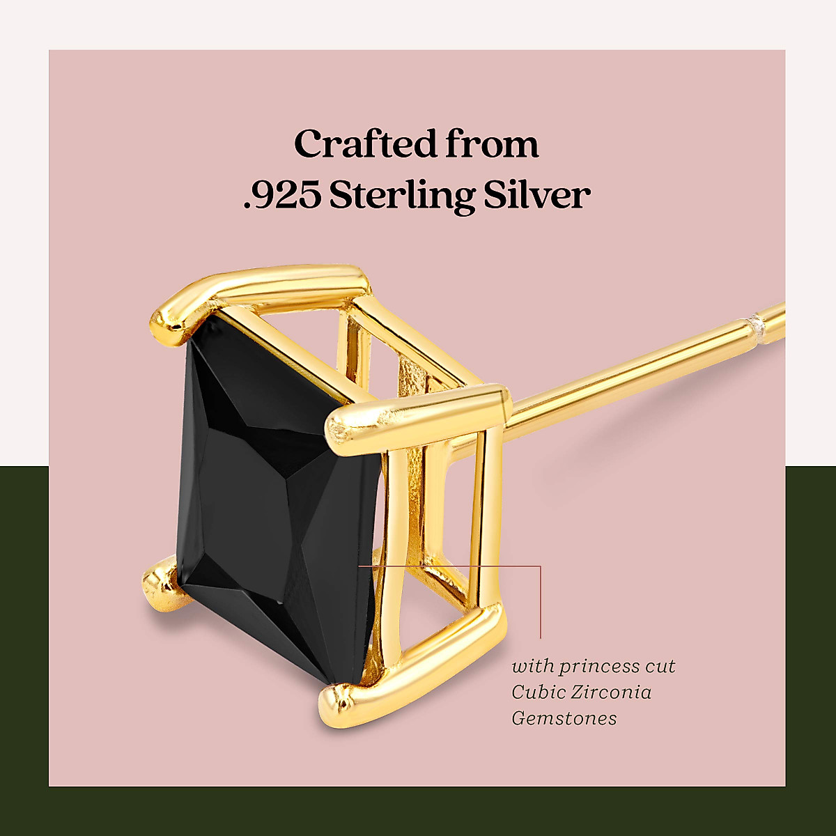 Basket Set Stud Earrings with Square Princess Cut 8x8mm Black CZ - 925 + Gold Plate