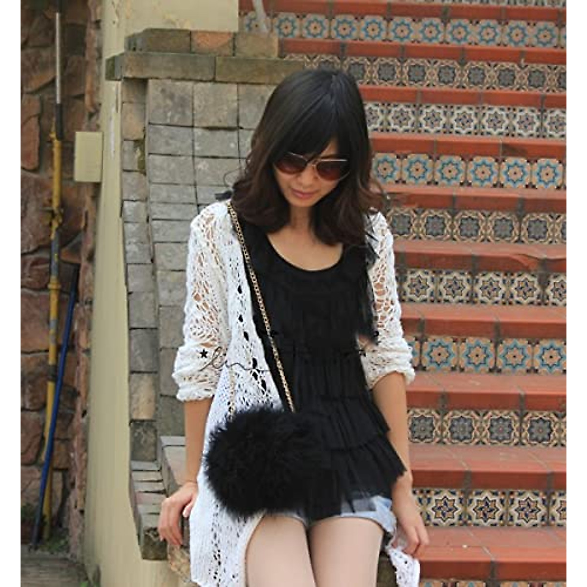 Flada Women's Faux Fluffy Feather Round Clutch Shoulder Bag, Black, Medium