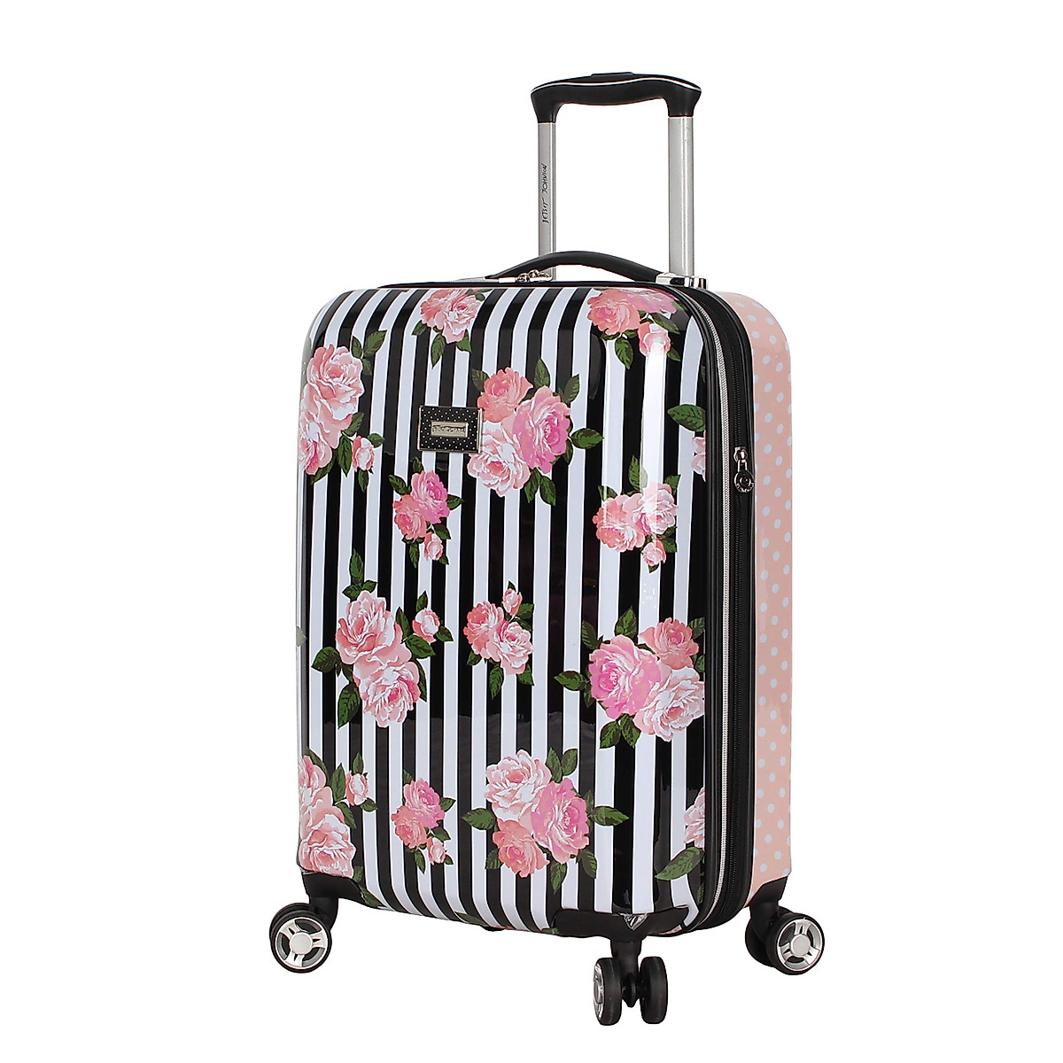 Betsey Johnson Designer 20 Inch Carry On - Expandable (ABS + PC) Hardside Luggage - Lightweight Durable Suitcase With 8-Rolling Spinner Wheels for Women (Stripe Roses)