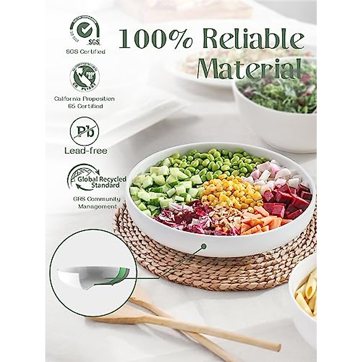 DOWAN Pasta Bowls, 65 oz Large Salad Bowls, 10'' White Serving Bowls Set of 2, Ceramic Shallow Bowl Plates, Serving Dishes for Soup Salad Pasta Vegetable Fruit Prep, Microwave Dishwasher Safe