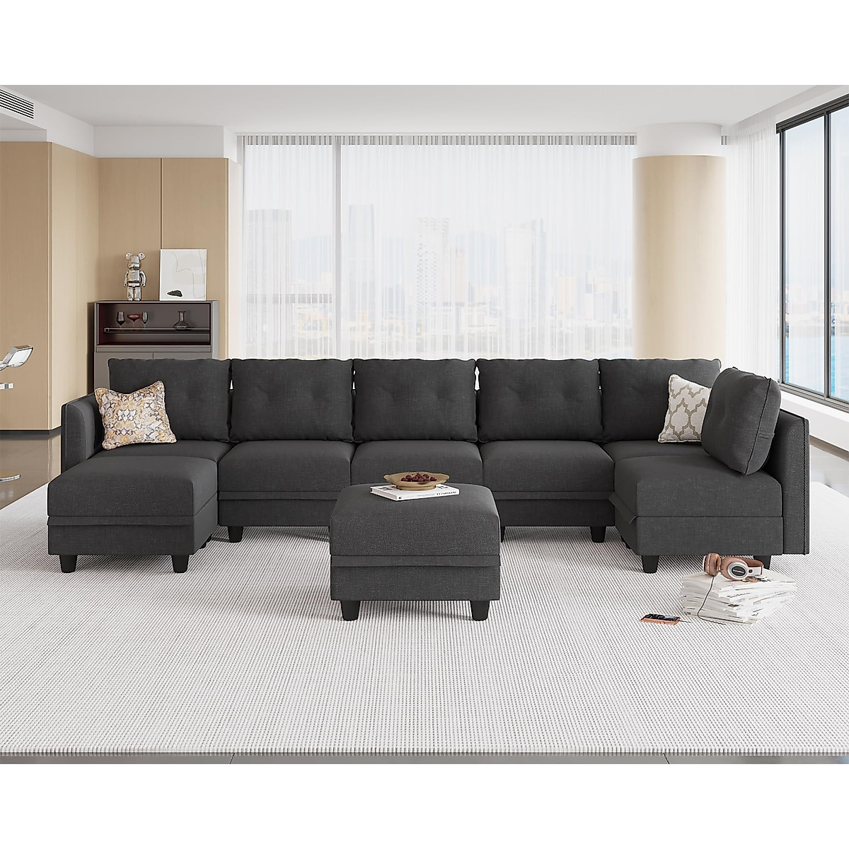 LLappuil Oversized Velvet Modular Sofa 10 Seater U Shaped Sectional with Storage Waterproof, Anti-Scratch Sectional Couch with Reversible Chaise, Grey Brown