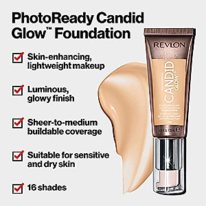 Revlon PhotoReady Candid Glow Moisture Glow Anti-Pollution Foundation with Vitamin E and Prickly Pear Oil, Anti-Blue Light Ingredients, without Parabens, Pthalates, and Fragrances, Medium Beige, 0.75 oz