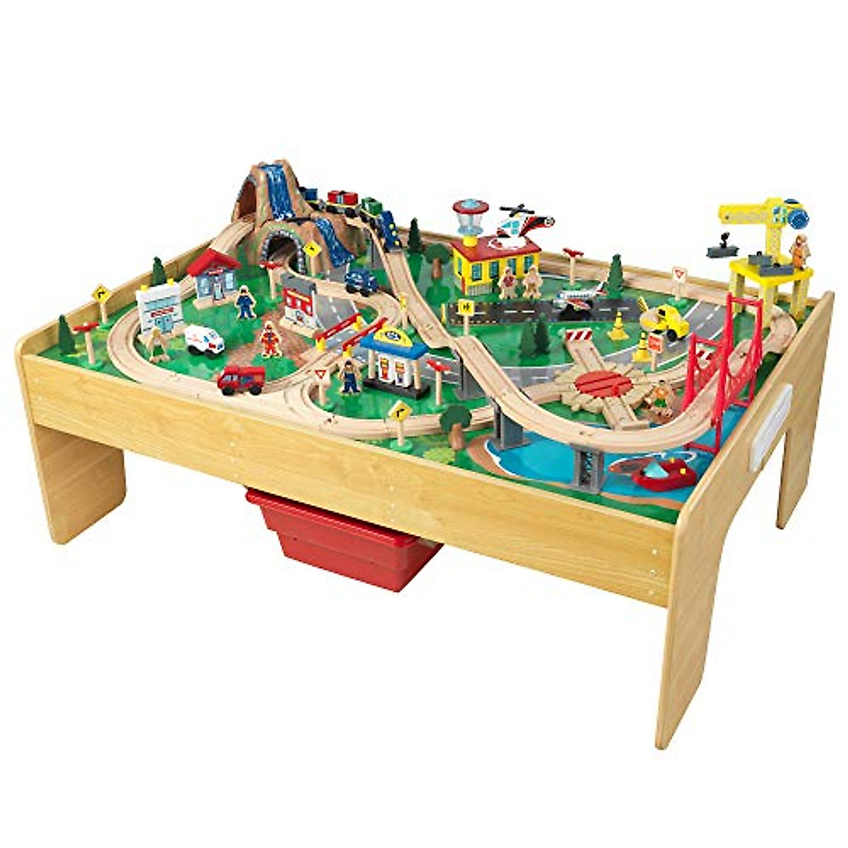 KidKraft Adventure Town Railway Wooden Train Set & Table with EZ Kraft Assembly™ with 120 Accessories and Storage Bins, Gift for Ages 3+