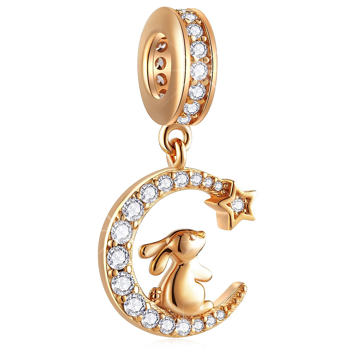 Rose Gold Rabbit Sitting on the Crescent Moon Dangle Charms, 925 Sterling Silver Bunny on Night Sky Pendant Beads, fits Pandora Easter Bracelet, Gifts for Girls/Sister/Friends