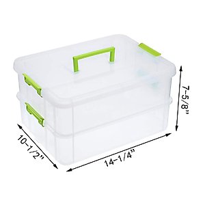 JUXYES 2-Tiers Stack Carry Storage Box With Handle, Transparent Stackable Storage Bin With Handle Lid Latching Storage Container for School & Office Supplies (Green)
