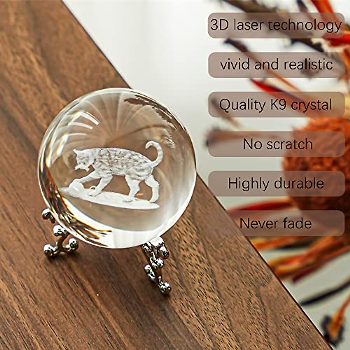 HDCRYSTALGIFTS 3D Crystal Ball with Silver-Plated Flowering Stand 2.4inch Laser Engraved Crystal Decorative Ball Glass Sphere for Home Decor Gift (Cat and String)