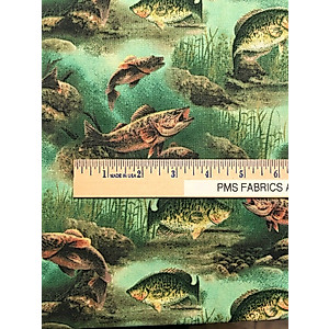Fat Quarter 1/4 Yard - Bass Trout Fish Fishing Fisherman Sewing Fabric 100% Cotton (18" x 22")