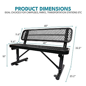 phyfalip 4 ft. Outdoor Steel Bench Patio Porch Furniture with Backrest for Lawn, Yard, Porch, Garden Work, Entryway, Black