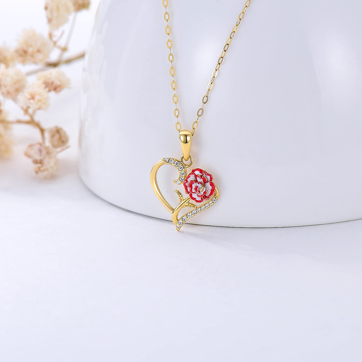 14K Solid Gold Heart Pendant Carnation Necklace for Women,Yellow Gold Carnation Flower Necklaces Anniversary Birthday Gifts for Mom Grandma Wife,16''-18''