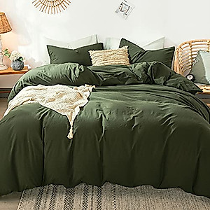 MooMee Bedding Duvet Cover Set 100% Washed Cotton Linen Like Textured Breathable Durable Soft Comfy (Olive Green, King Size)