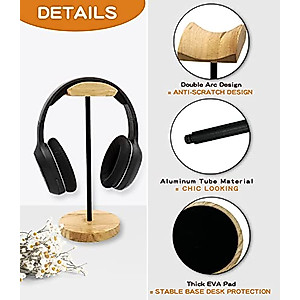 Bliocefo Headphone Stand Nature Wood & Aluminum Headset Hanger Mount Hook Gaming Holder Desktop Earphone Artful Functional Craftmanship Stand for All Headsets with Solid Wooden Base