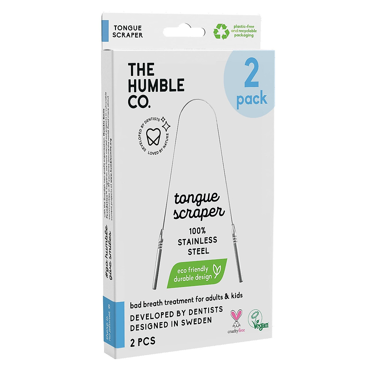 The Humble Co. Tongue Scraper – 100% Stainless Steel Tongue Cleaner, For Superior Oral Care, Dental Hygiene and Tongue Cleaning, Helps Eliminate Bad Breath, BPA Free (2pk)