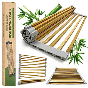 AIRNEX Bamboo Sink Drying Rack, Roll Up Dish Drying Rack Over The Sink Kitchen, Wooden Over The Sink Drying Rack for Kitchen Sink, Roll Out Sink Drainers, Kitchen Sink Accessories (17 x 12 in)